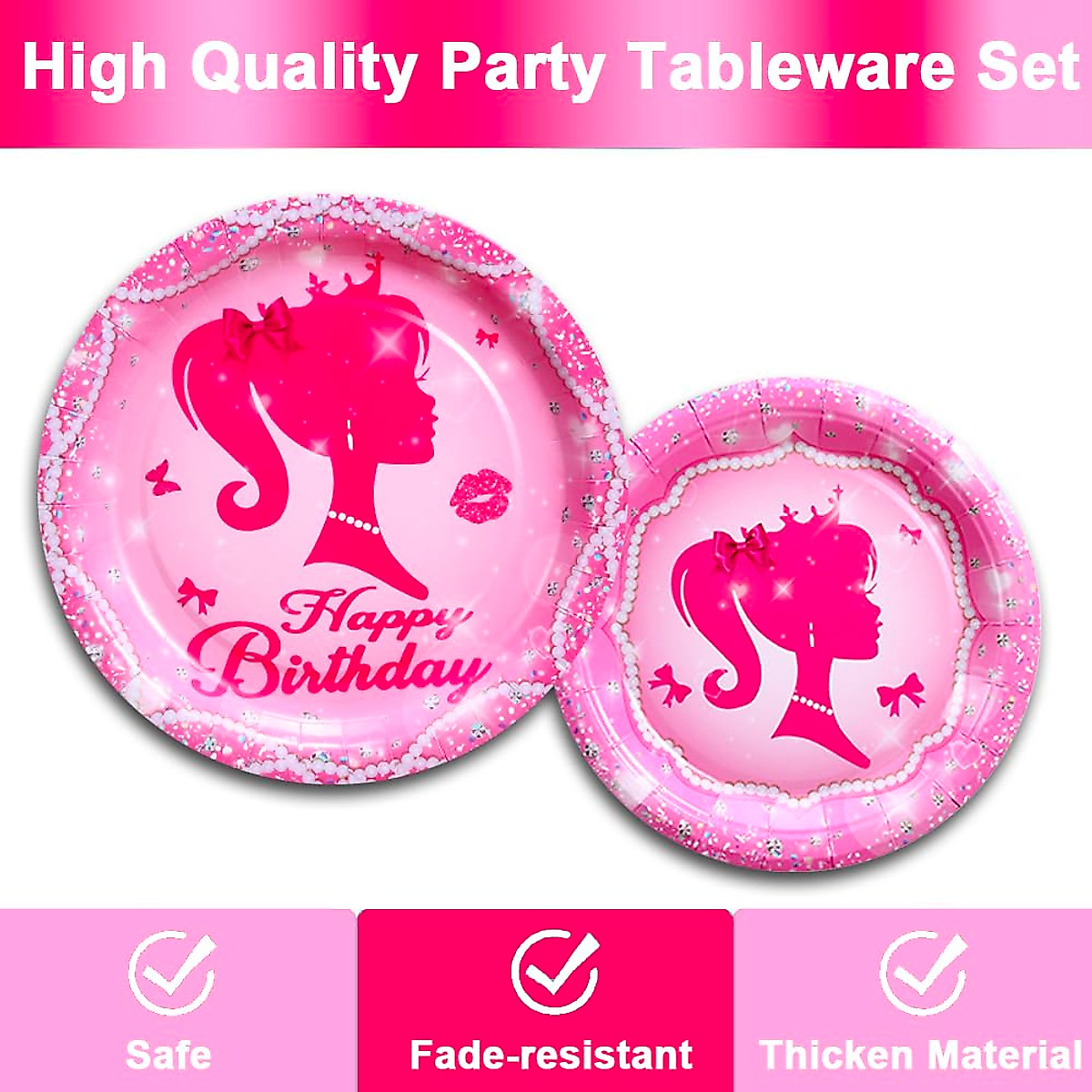 161CT Pink Girl Babe Happy Birthday Party Supplies Babe Head Paper Plates Cups Straw Napkins Spoon Fork knives Tablecloth Hot Pink Girl Party Decorations Tableware for 20 Guests for Bday Baby Shower