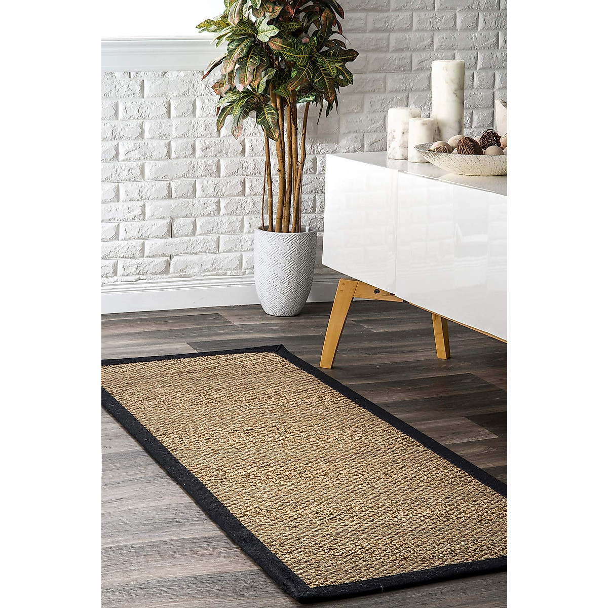 nuLOOM 8 Square Elijah Seagrass Area Rug, Black, Solid Farmhouse Style, Cotton Bordered, Basketweave, Natural Fiber, For Bedroom, Dining Room, Living Room, Hallway, Office, Kitchen, Entryway