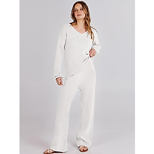 ANRABESS Women 2 Piece Outfits Sweater Lounge Sets Long Sleeve Cable Knit Pullover and Wide Leg Pants Tracksuit Matching Set White Large