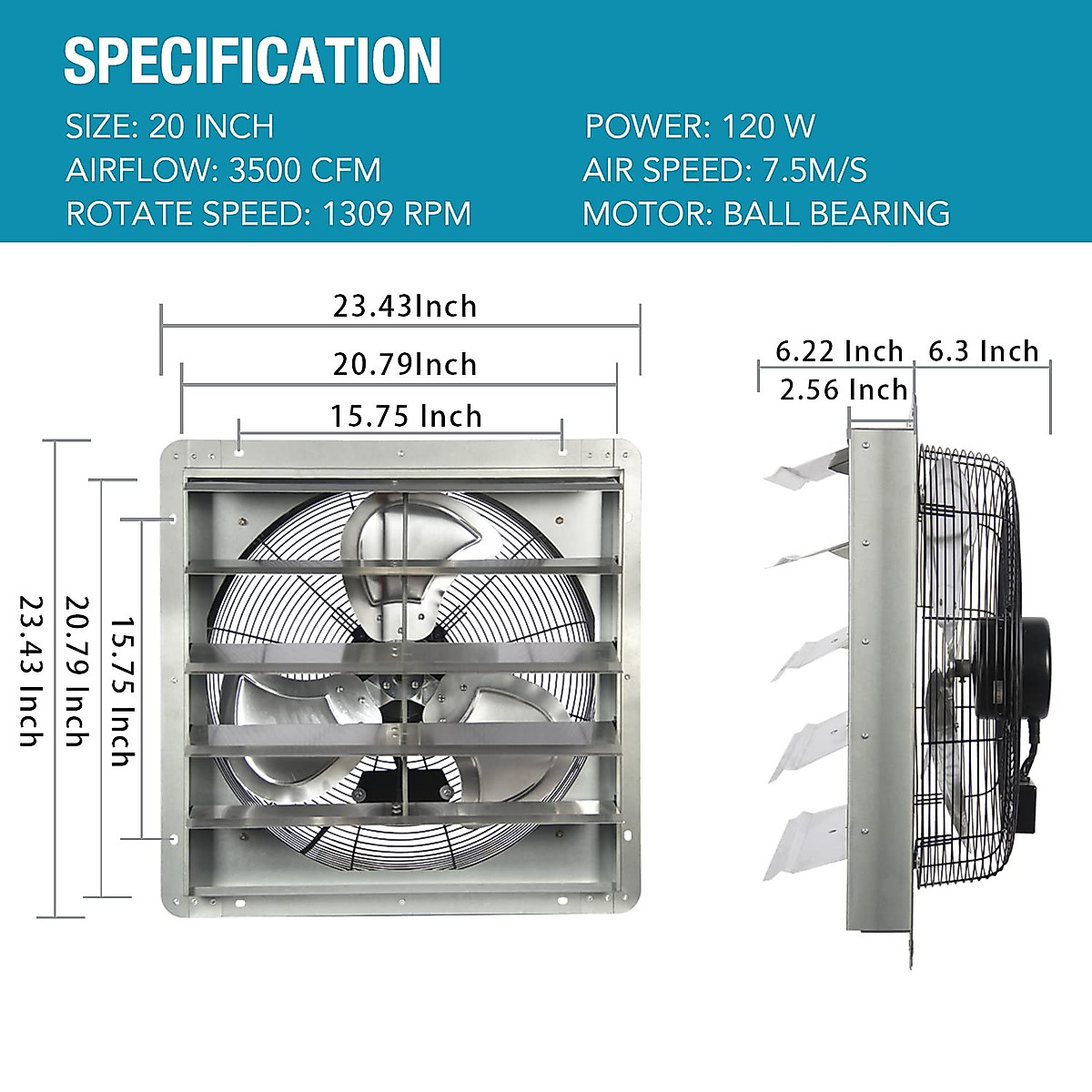 VENTISOL 20 Inch Shutter Exhaust Fan Wall Mounted, Aluminum with 1.65 Meters Power Cord Kit,High Speed 3500CFM, Ventilation fan for Garage,Greenhouse,Attic,Shed,Shop，Black