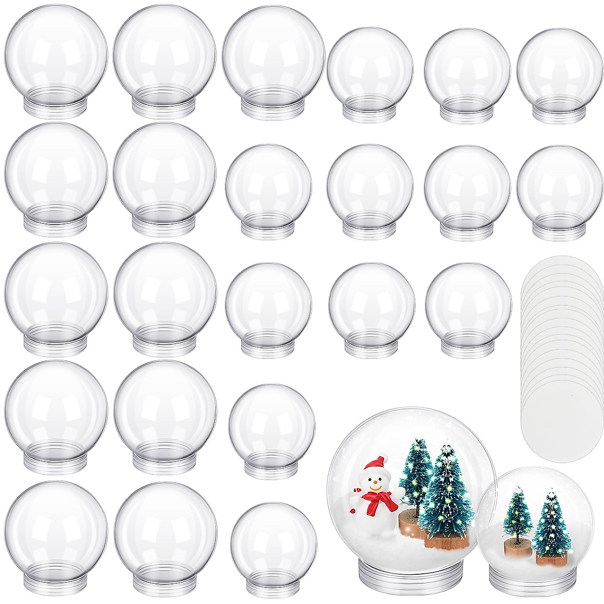 Layhit 24 Pcs Christmas DIY Snow Globe 3.4 Inch and 2.6 Inch Plastic Snow Globe with 24 Pcs Bottom Gasket Clear Empty Plastic Globe with Screw Off Cap for Christmas Crafts Gifts Ornaments