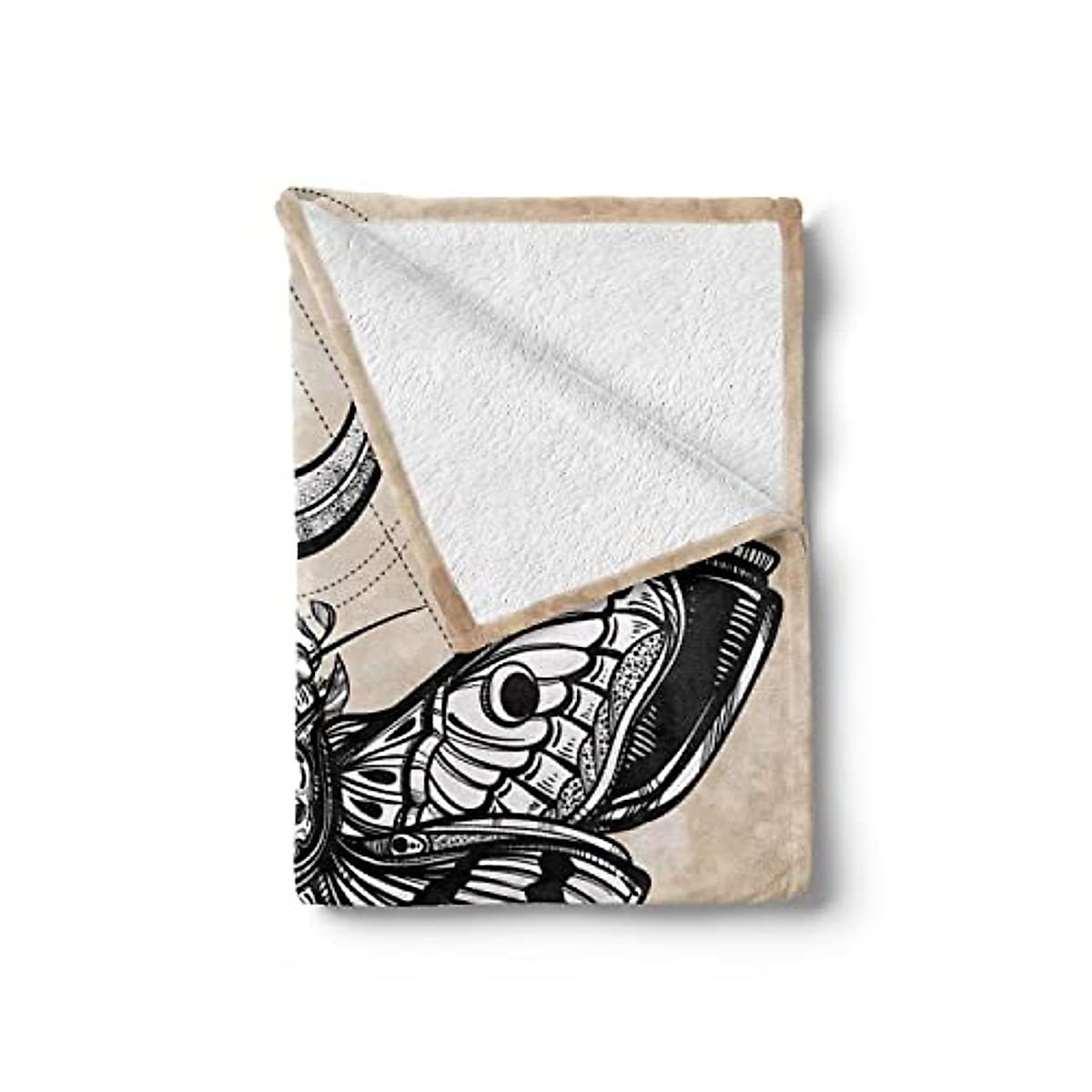 Ambesonne Fantasy Throw Blanket, Dead Head Hawk Moth Luna and Stone Magic Skull Illustration, Flannel Fleece Accent Piece Soft Couch Cover for Adults, 50" x 70", Black Beige
