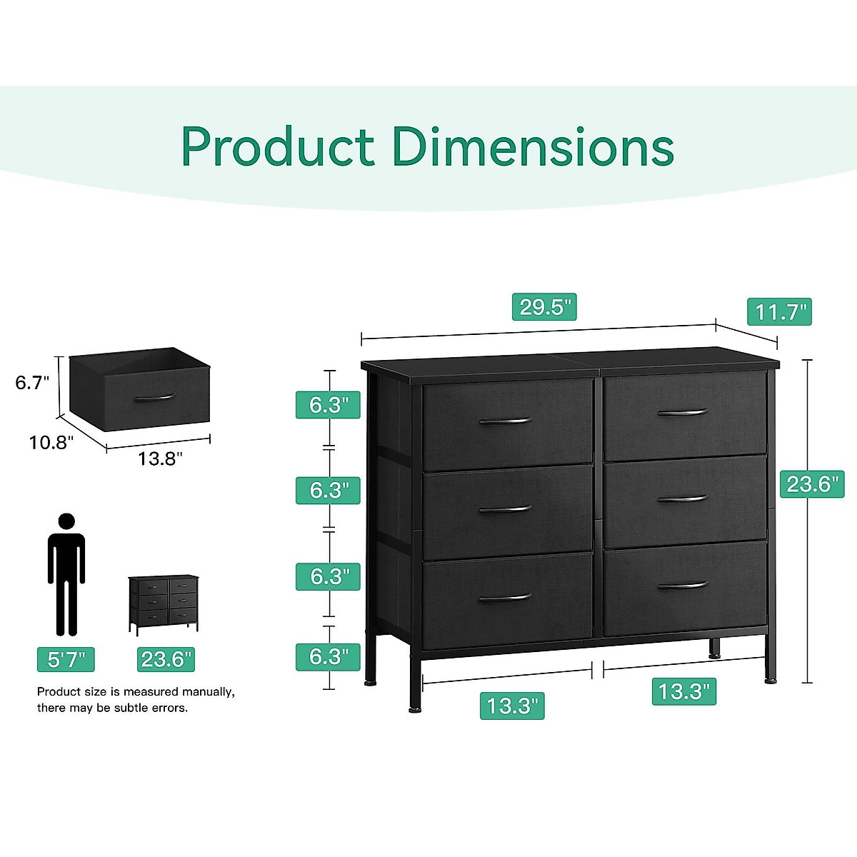AODK Dresser for Bedroom Dresser TV Stand with 6 Storage Drawers, Small Fabric Dresser Chest of Drawers for Closet Organizer Clothes, Black