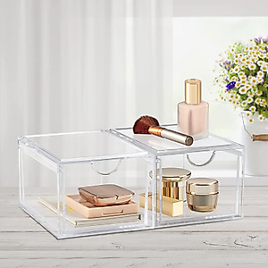 Boxalls 2 Pack Acrylic Stackable Storage Drawers Makeup Organizer, 20% Thicker Clear Bathroom Organizers for Cosmetics, Skin Care, Hair Accessories, Beauty, Vanity, Countertop and Dresser