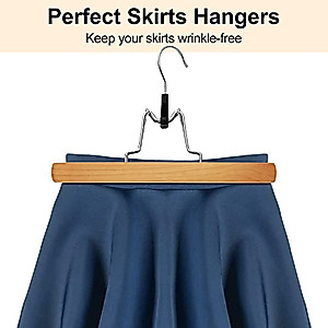 AMKUFO 12 Pack Natural Wooden Pants Hangers with Clips Non Slip Skirt Hangers Trouser Clamp Hanger Solid Wood Hanger with 360° Swivel Hook