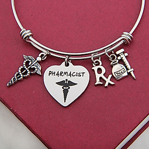 bobauna Stainless Steel Pharmacist Expandable Wire Bangle Bracelet with Medical Caduceus RX Symbol Pharmacy Charms Pharmacist Graduation Gift (pharmacist bracelet)