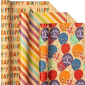 MAYPLUSS Kraft Birthday Wrapping, Gift Wrapping Paper, Colorful Balloon,Diagonal Stripes Happy Birthday Gift Wrap for Kids Boys Party, Baby Shower (Mini Roll, 17" x 120" Per roll, Total of 3 Rolls)