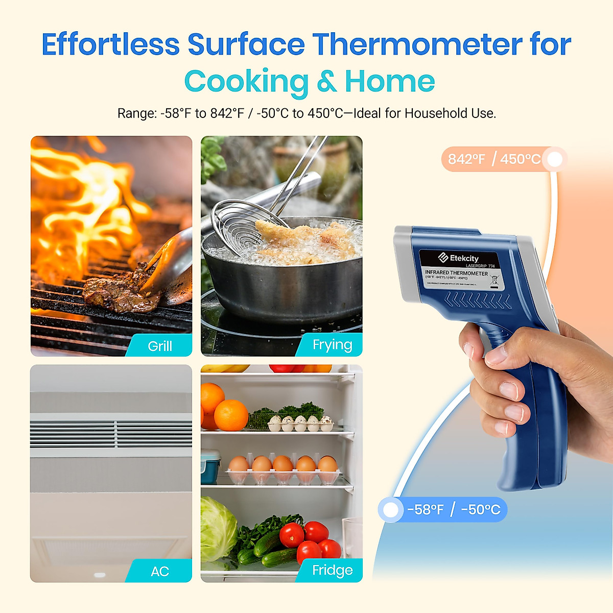 Etekcity Infrared Thermometer Upgrade 774, Heat Temperature Temp Gun for Cooking, Laser IR Surface Tool for Pizza, Griddle, Grill, HVAC, Engine, Accessories, -58°F to 842°F, Blue