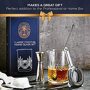 Cocktail Mixing Glass Set, Old Fashioned Kit : Stainless Steel Bar Spoon & Hawthorne Strainer & Japanese Jigger & Glass Polishing Cloth, Crystal Mixer Glass Yarai, Valentine's & Fathers Day Gifts