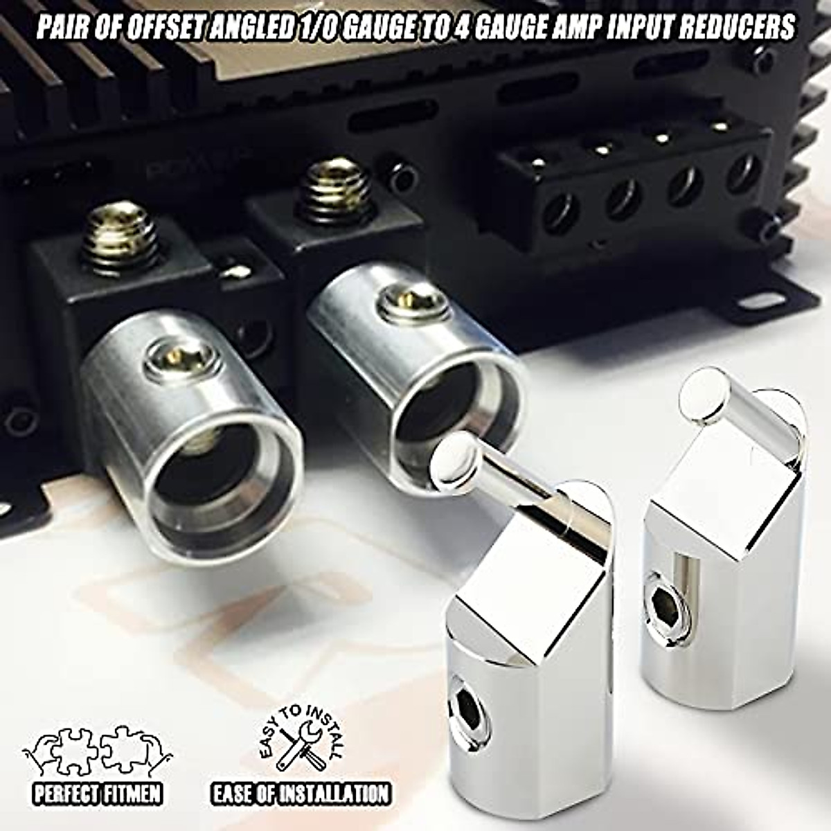 BILLFARO 2Pcs 1/0 Gauge to 4 Gauge Input Wire Gauge Reducer,Offset Angled Amp Input Reducers Cable PIN Power Ground Reducers Connection Brass with Nickel Plated