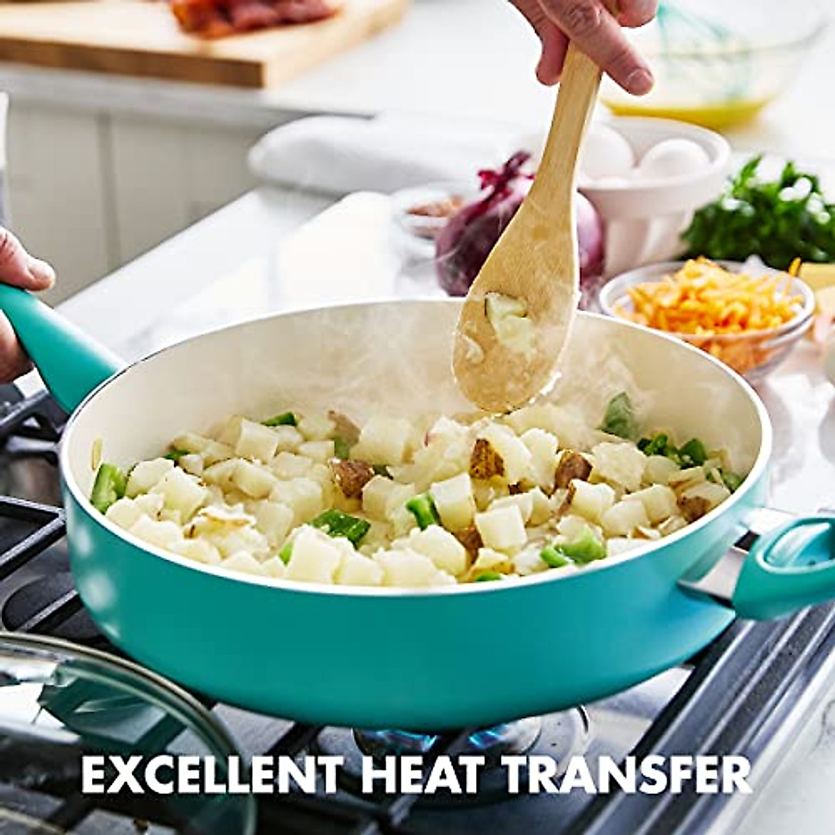 GreenPan Rio Healthy Ceramic Nonstick 5QT Saute Pan Jumbo Cooker with Helper Handle and Lid, PFAS-Free, Dishwasher Safe, Turquoise