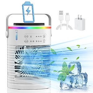 Portable Air Conditioners,Rechargeable Air Conditioner Fan with 6000mAh Battery,3 Speed Personal Evaporative Air Cooler with 3 Mist&3 Timer&Colors Light,Mini AC Cooling Fan for Bedroom,Camping