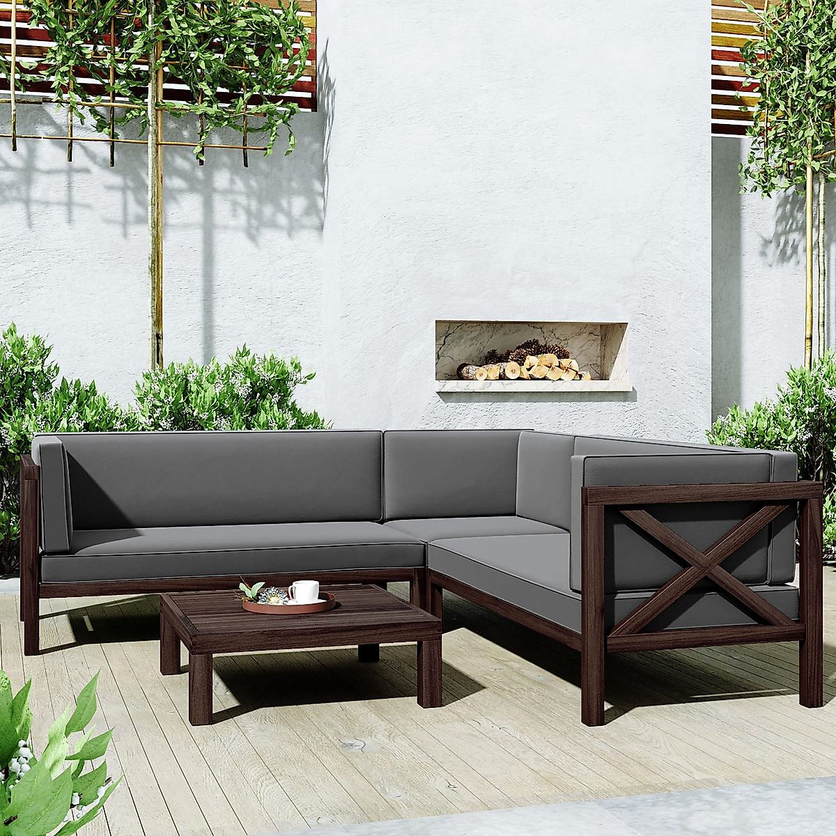 EMKK 4 Pcs Outdoor Furniture Sectional PE Rattan Wicker Patio Conversation Cushions and Table X-Back Sofa Set, Lshaped Brown+Gray