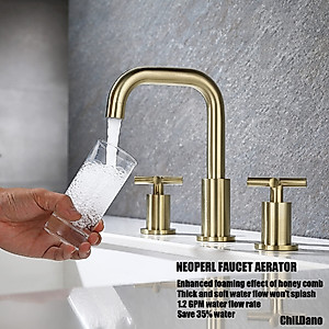 8 Inches Widespread Bathroom Faucet Brushed Gold, 2 Handle Brass Bathroom Faucets for Sink 3 Hole with Valve and Pop-Up Drain Assembly by ChiLDano, CH3163BG