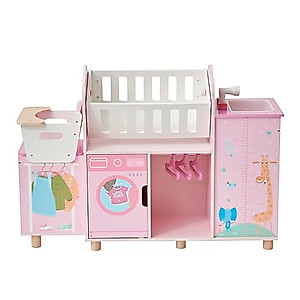 Olivia's Little World Amanda 6-in-1 Wooden Doll Nursery Station with Rocking Cradle, High Chair, Storage, Washing Machine and Sink - for 3 yrs and up, Pretend Play House, Daycare - Pink/Multi