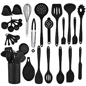 TeamFar Kitchen Utensil, 28 PC Silicone Kitchen Cooking Baking Utensil Set for Nonstick Cookware, Spatula Holder Spoon Whisk Tuner, Heat-Resistant & Non-Stick, Non-Toxic & Dishwasher Safe- Black