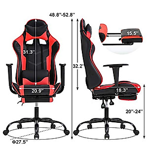 Gaming Chair Racing Office Chair PC Computer Chair Massage Desk Chair PU Leather Recliner Ergonomic Chair with Lumbar Support Headrest Armrest Footrest Rolling Swivel Task Chair for Women Adults, Red