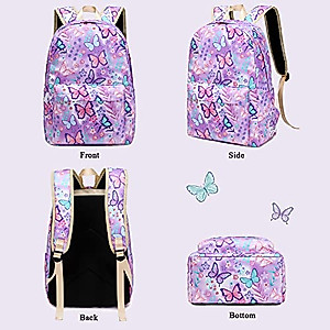 OctSky Backpack for Girls Kids Backpack Elementary Bookbags Teens Middle School Backpack with Lunch Box Water-repellent Lightweight Butterfly Purple