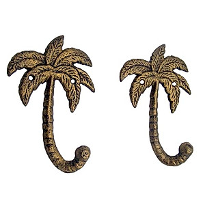 Palm Tree Cast Iron Wall Hooks, Wall Mounted for Hanging Coats, Purses, Towels, Hats, Beach Themed Wall Décor, Set of 2, 6.5 Inches High (Gold Toned)