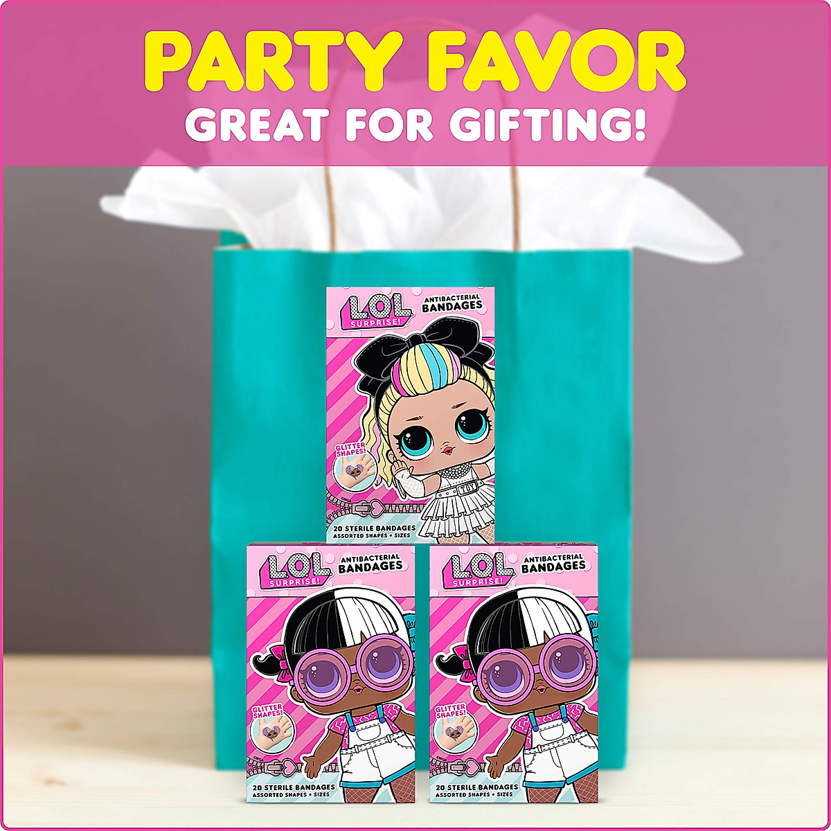 LOL Surprise! Shapes Glitter Kids Bandages, 20 CT, 3 Pack | Wear Like Stickers, Adhesive Bandages for Minor Cuts, Scrapes, Burns. Great Stocking Stuffer or White Elephant