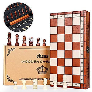 Syrace Magnetic Chess & Checkers Set Board Games, Kids and Adults Wooden Foldable Hand Carved Portable Travel Chess Board Game Sets with Game Pieces & Storage Slots 15.74"