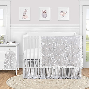 Sweet Jojo Designs Grey Floral Vintage Lace Baby Girl Nursery Crib Bedding Set - 4 Pieces - Solid Light Gray Crinkle Crushed Velvet Luxurious Elegant Princess Boho Shabby Chic Luxury Flower Ruffle