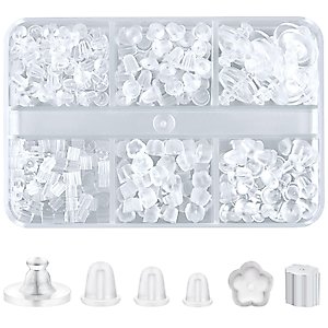 6 Styles Silicone Earring Backs for Studs, 600 Pieces Clear Soft Earring Backs Replacements Hypoallergenic Plastic Rubber Earring Backs Clutch Stoppers Kits for Fish Hook Hoops