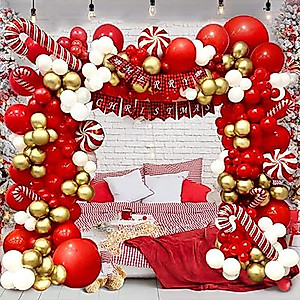 Merry Christmas Balloon Arch Garland Kit Red White Gold Balloons with Candy Cane Foil Balloons for Holiday Christmas Candy Themed Party Decorations