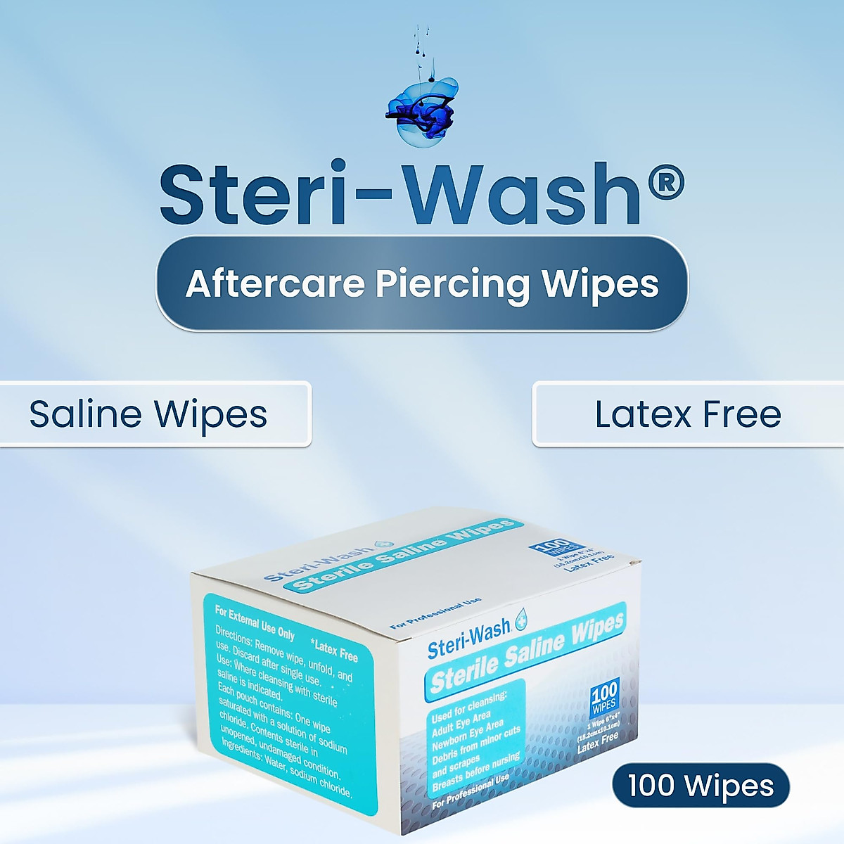 Steri-Wash® Aftercare Piercing Wipes 100 Count - Sterile Saline Solution for Gentle and Convenient Piercing Cleansing for Nose, Ear, Belly, Lips - Cleanses, Sanitizes and Soothes Skin Irritations