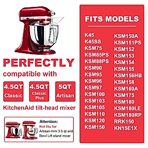 5 Quart Stainless Steel Mixer Bowl for KitchenAid Classic&Artisan 4.5-5 QT Tilt-Head Mixer, Fits for K45SS, KSM70, KSM90 KSM150, KSM155, KSM165, Polished Surface, Dishwasher Safe