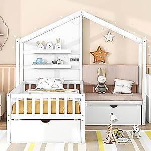 Harper & Bright Designs Kids Twin Playhouse Bed Frame with Upholstered Sofa, 2 Storage Drawers and Charging Station, Wood Twin Montessori Bed with LED Light and Shelves, L Shaped Bed for Kids, Boys, Girls (White)
