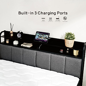 Z-hom Full Bed Frame with LED Lights Headboard, Full Size Heavy Duty Metal Hybrid Bed Frame Bed Base, Sturdy Upholstered Wooden Full Platform Bed with Charging Ports & Storage Shelves