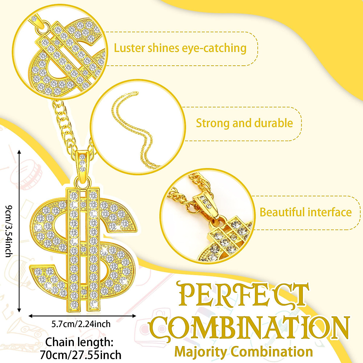 Tatuo 2 Pieces Plated Chain for Men with Dollar Sign Pendant Necklace, Hip Hop Dollar Necklace (Gold,Trendy Style)