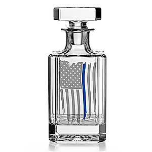 Thin Blue Line Police American Flag Decanter Whiskey Glass Gift Set - 5 Piece Set - Premium Gift Box