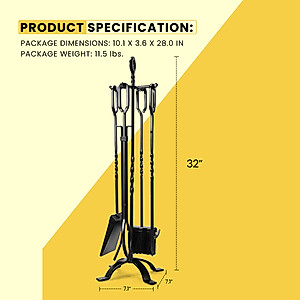 VIVOHOME 5 Pieces Wrought Iron Fireplace Tool Set with Poker Grabber Broom Shovel Stand with Handles Wood Stove Firepit Accessories Tools Modern Black