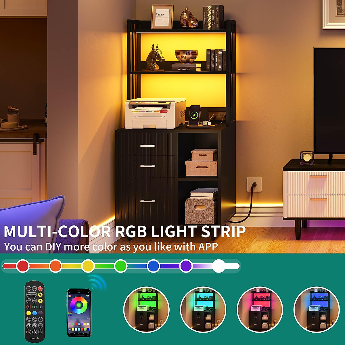 YITAHOME 3 Tier Bookcase, Bookshelf with Lighting, File Cabinet with Charging Station, 3 Drawer Wood Filing Cabinet, Printer Stand with Open Storage Shelves for Home Office, Black