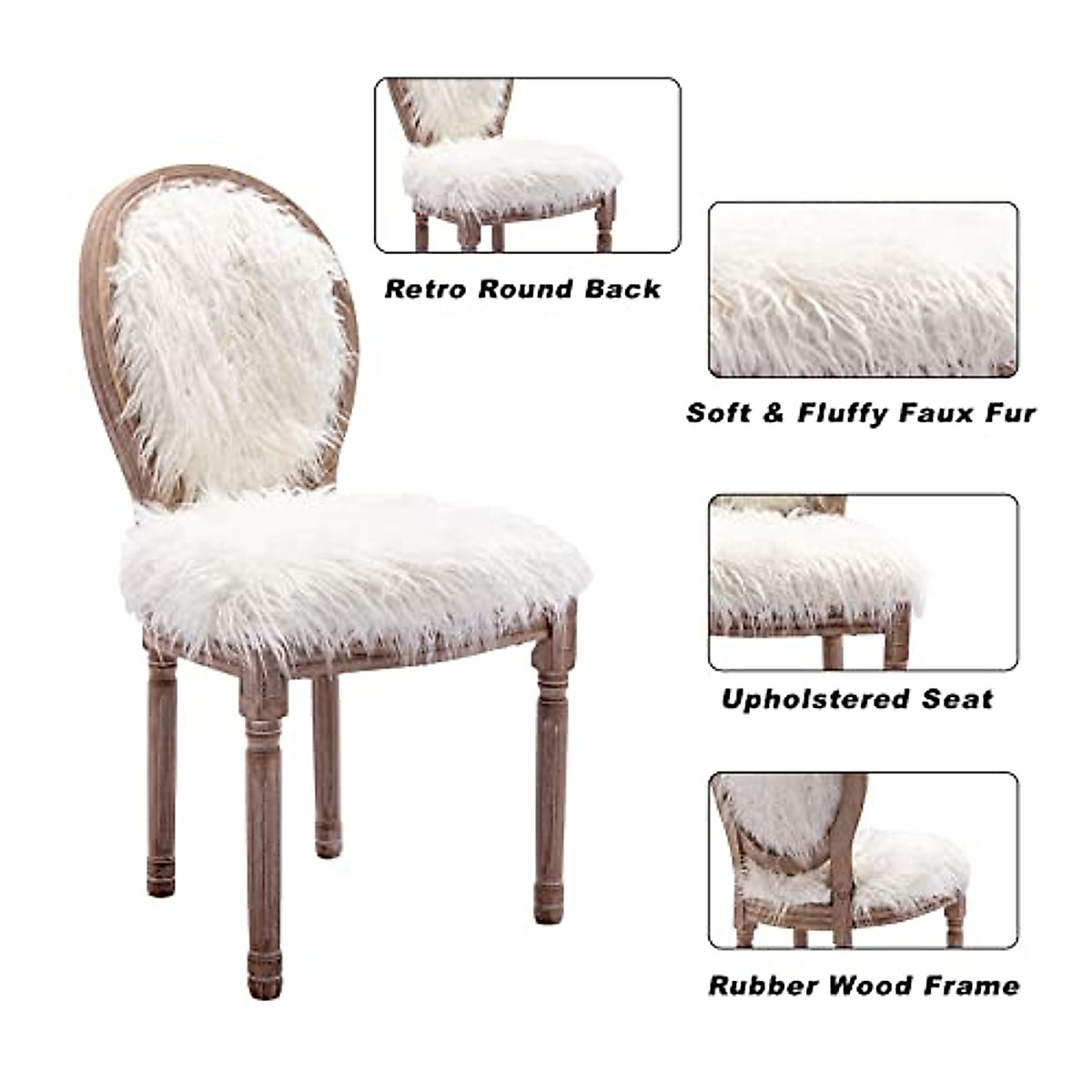 AWQM Faux Fur Dining Chairs Set of 2,Vintage Elegant French Chair with Round Back Distressed Wood,Mid Century Furry Vanity Chair,for Kitchen Dining Room Living Makeup Room, White