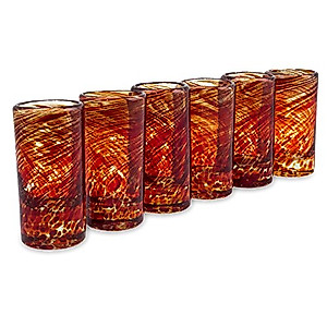 NOVICA Hand Blown Red Swirl Recycled Glass Shot Glasses, 2 Oz 'Ripe Ruby' (Set Of 6)