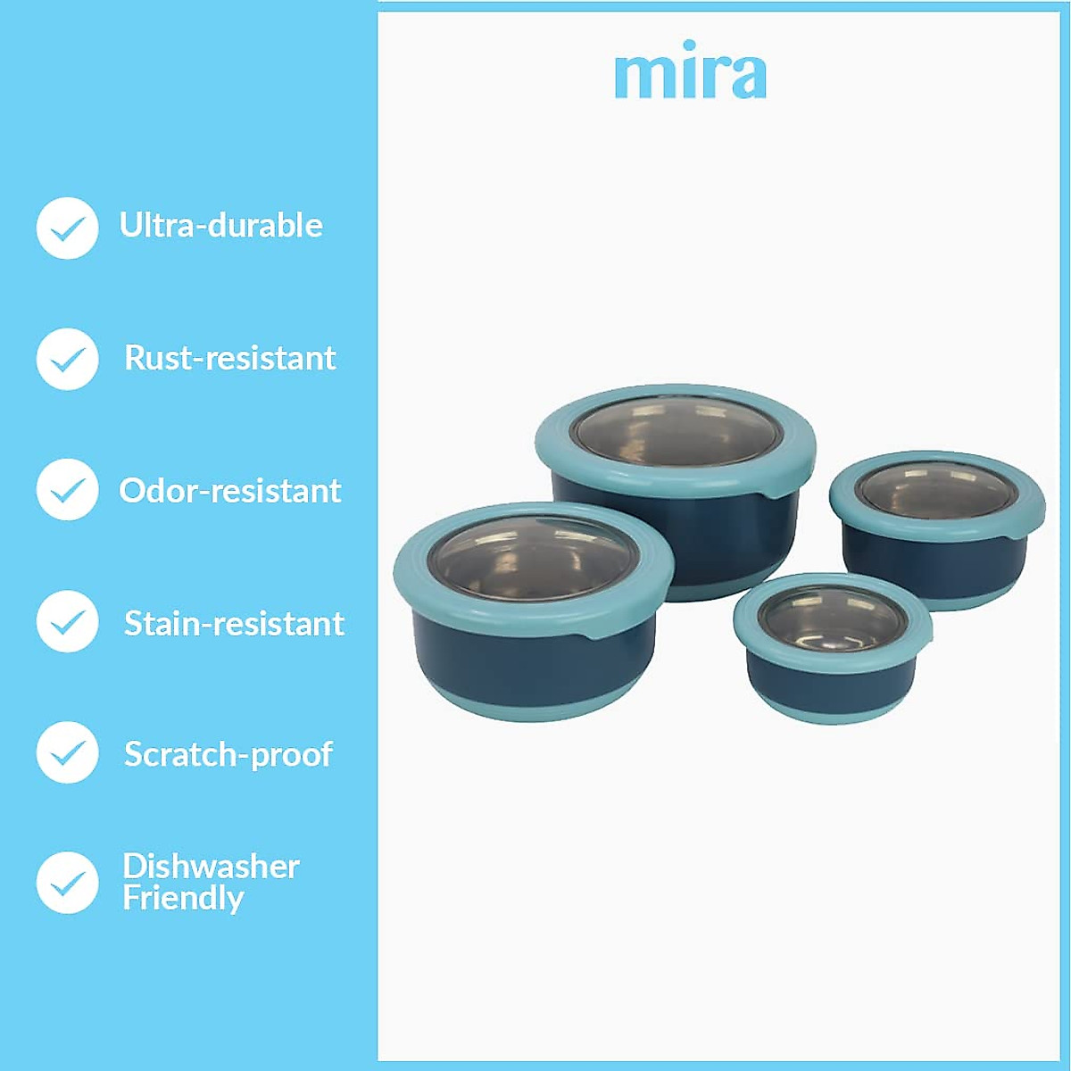 MIRA Stainless Steel Food Storage Set - 4 Anti-Slip Containers for Meal Prep - Multi-Size Pack (1, 2, 3, 5 Cups), Slate Blue