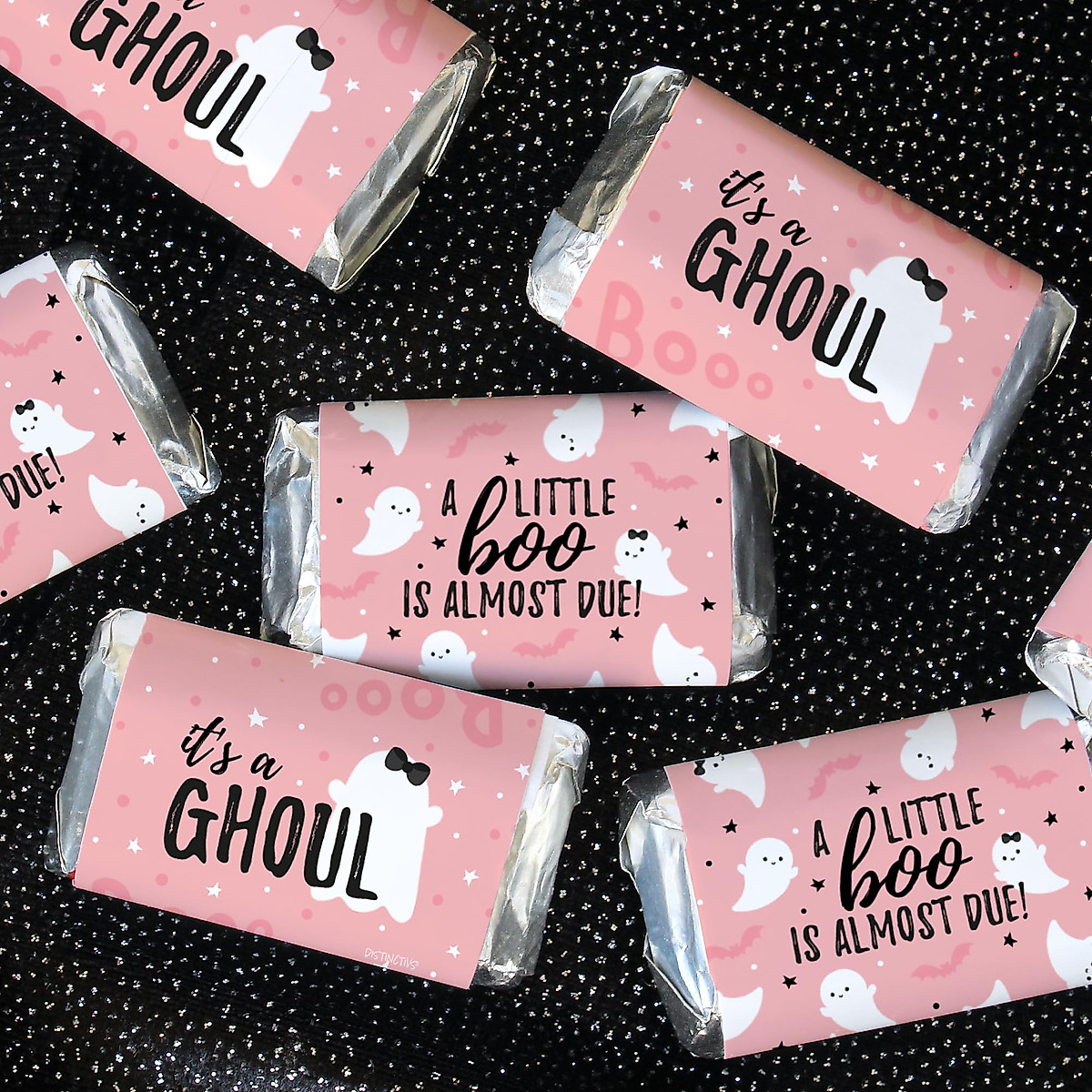 Pink A Little Boo is Almost Due Girl Baby Shower Wrappers for Mini Chocolate Bars, Halloween Baby Shower Party Favor Candy Stickers - 45 Count