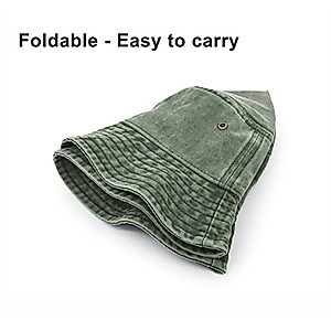 Bucket Hat, Wide Brim Washed Denim Cotton Outdoor Sun Hat Flat Top Cap for Fishing Hiking Beach Sports Army Green