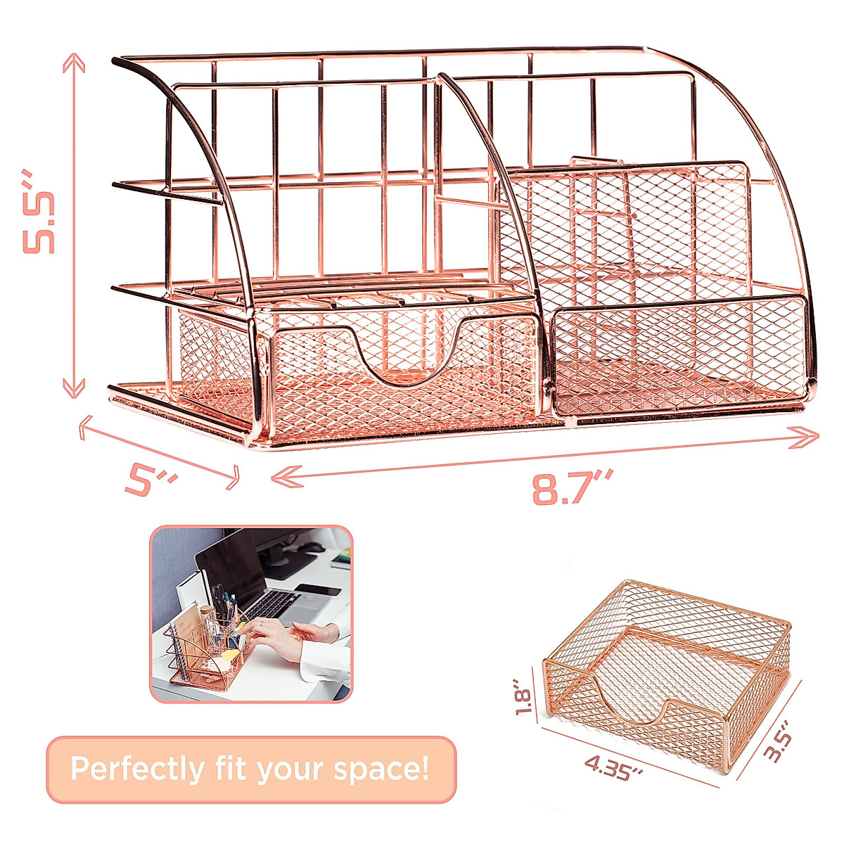 Rose Gold Desk Organizer for Women Cute Home Office Accessories & Supplies Decor, Girly Desktop Stationary Essentials Organization Set, Mesh Caddy Storage 5 Compartments +1 Mini Sliding Drawer