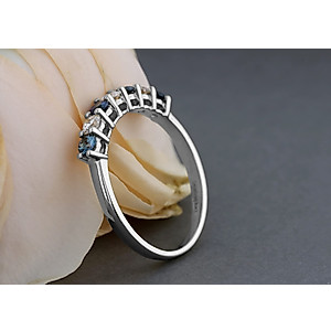 Dazzlingrock Collection 2.5mm Each Round Blue Sapphire & White Diamond 7 Stone Stackable Wedding Band for Women in 14K White Gold, Size 6.5