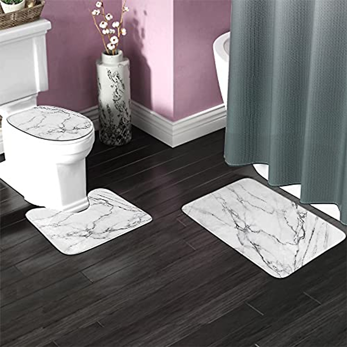 WONDERTIFY White Marble Bathroom Antiskid Pad Luxury Smooth Soft Monochrome Wave 3 Pieces Bathroom Rugs Set, Bath Mat+Contour+Toilet Lid Cover Black Gray Shade