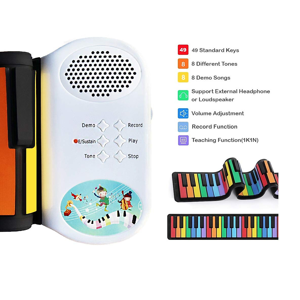 iLearnMusic Roll Up Piano | Portable Keyboard Piano | Hand Roll Electric Piano Keyboard | Premium Silicone & Built-In Speakers (88 Keys, White)