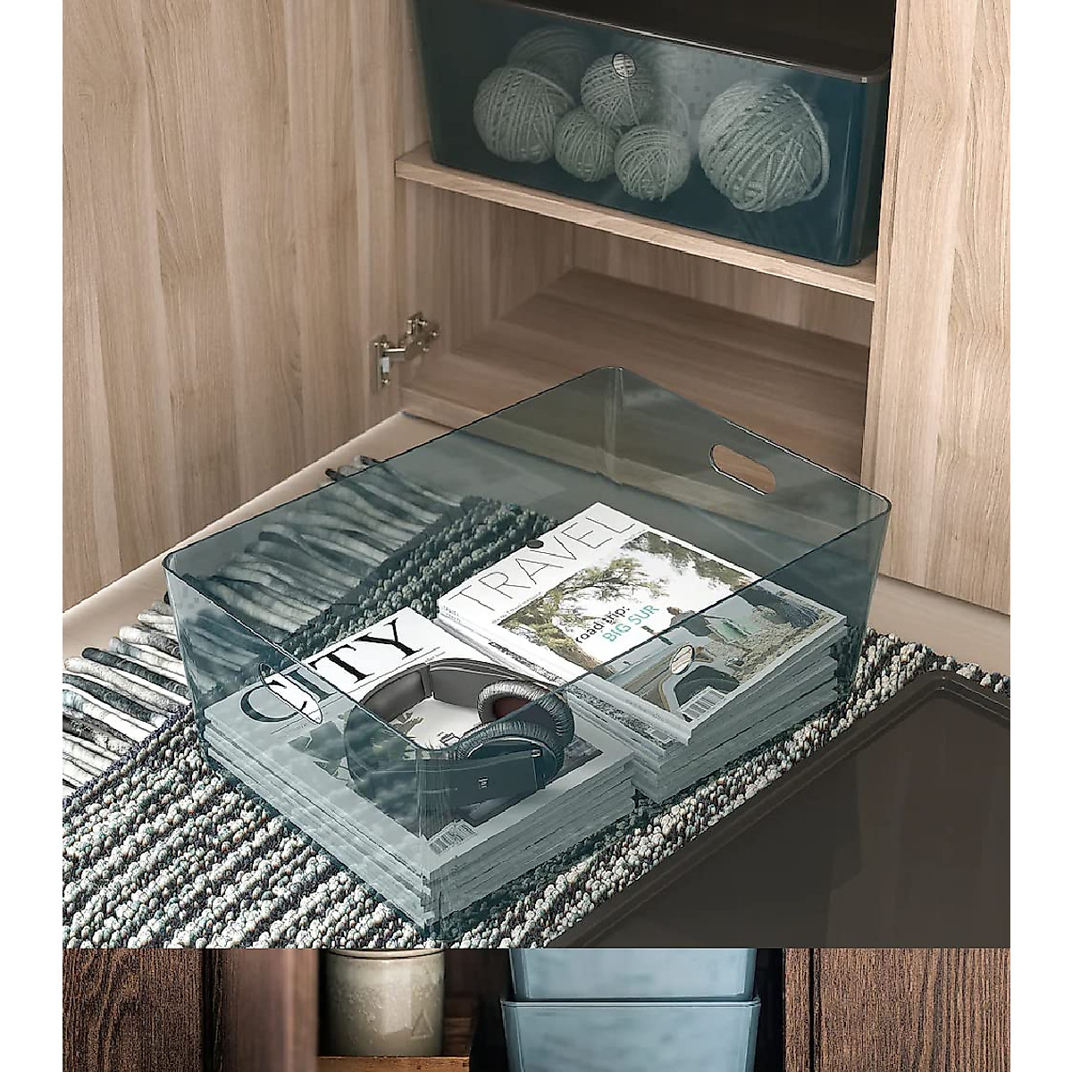 KUGGIS Box with Lid, Transparent Black, 14 ½x21 ¼x8 ¼ " Large Stackable Storage Containers Paper & Media Baskets