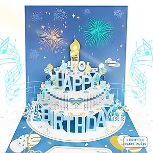 DTESL 40th Musical Birthday Cards with Light and Music, Blowable, 3D Birthday Popup Cards for Men & Women– Plays Hit Song 'HAPPY Birthday' (40th)