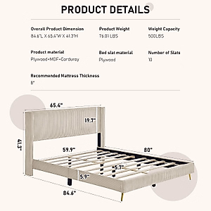 Queen Bed Frame Upholstered Platform with Headboard, Strong Frame and Wooden Slats Support, Corduroy Fabric Wrap, Non-Slip and Noise-Free,No Box Spring Needed, Easy Assembly (Beige)