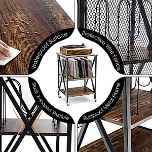 GOFLAME Record Player Stand, 3-Tier Rolling Vinyl Record Storage Holder Stand with 3 Dividers, Turntable Stand with Universal Wheels and Lockable Casters for Living Room, Bedroom, Office, Brown