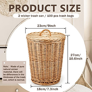 Maxcheck 2 Pcs Wicker Trash Can with 100 Plastic Trash Bag Wicker Waste Woven Basket with Lids and Garbage Bags for Bathroom Kitchen Bedroom Office Bedroom Kitchen Laundry Supplies